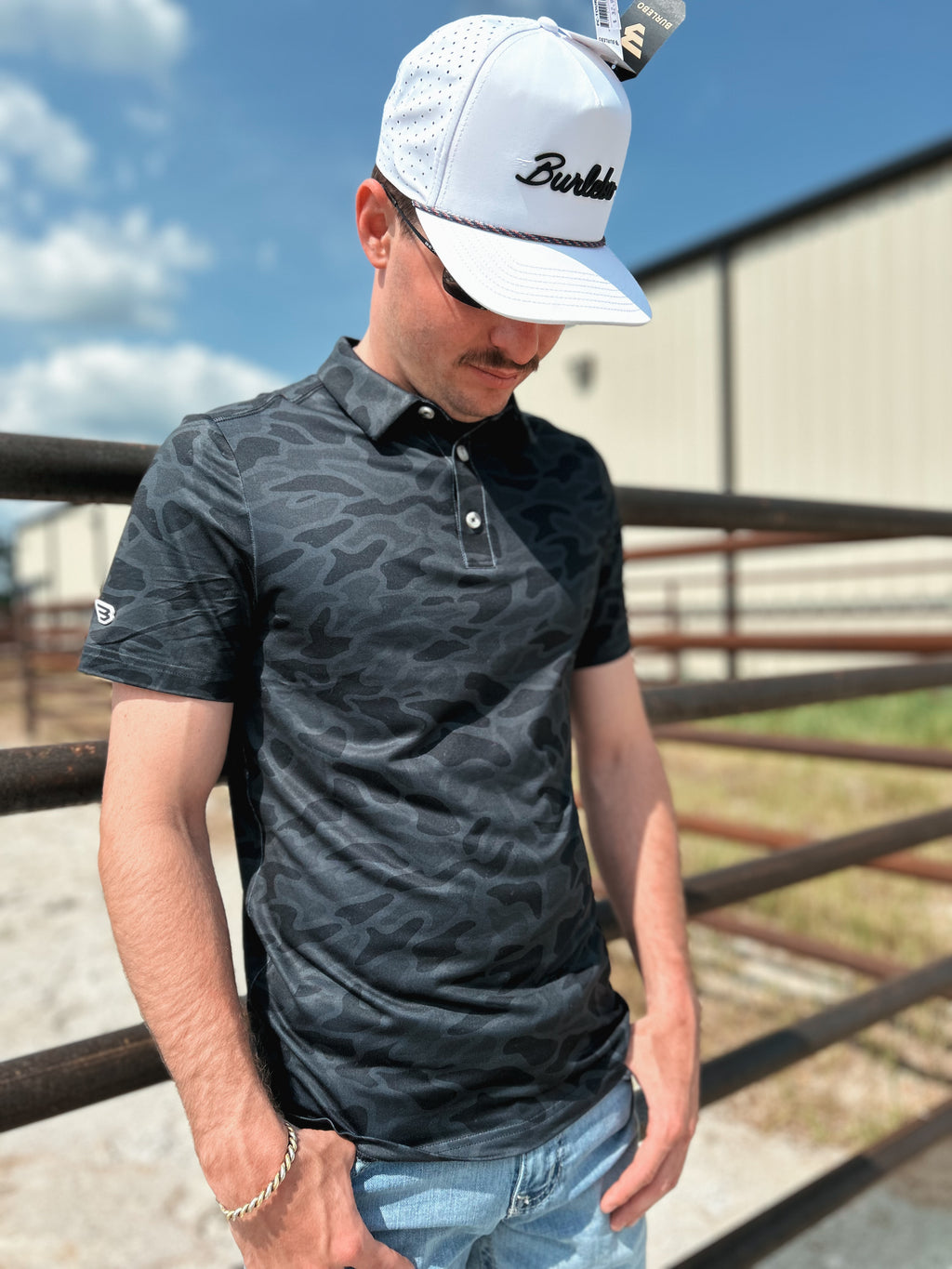 Burlebo Mens Performance Polo Black Camo – Hawk Western Wear